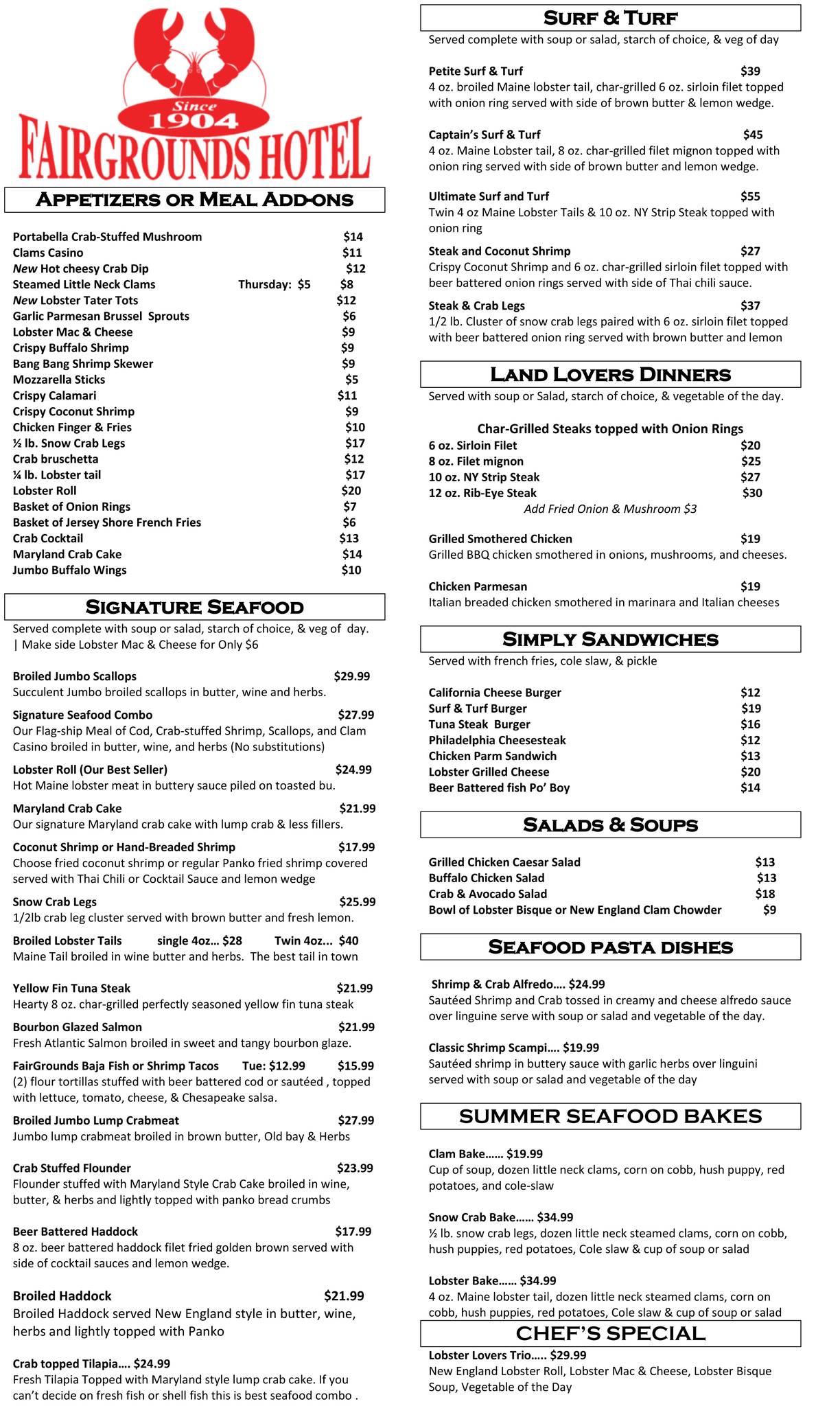 Menu at The Fairgrounds Hotel restaurant, Allentown