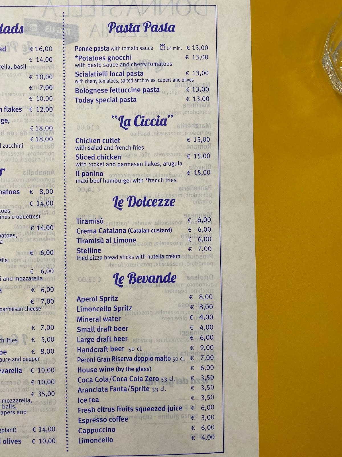 Menu at Pizzeria Donna Stella, Amalfi