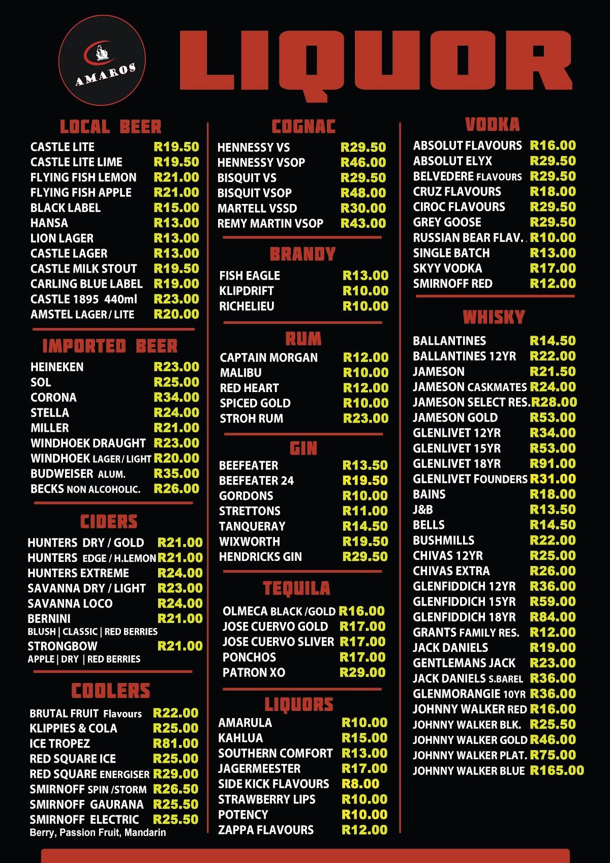 Menu at Amaros Pretoria pub & bar, Pretoria