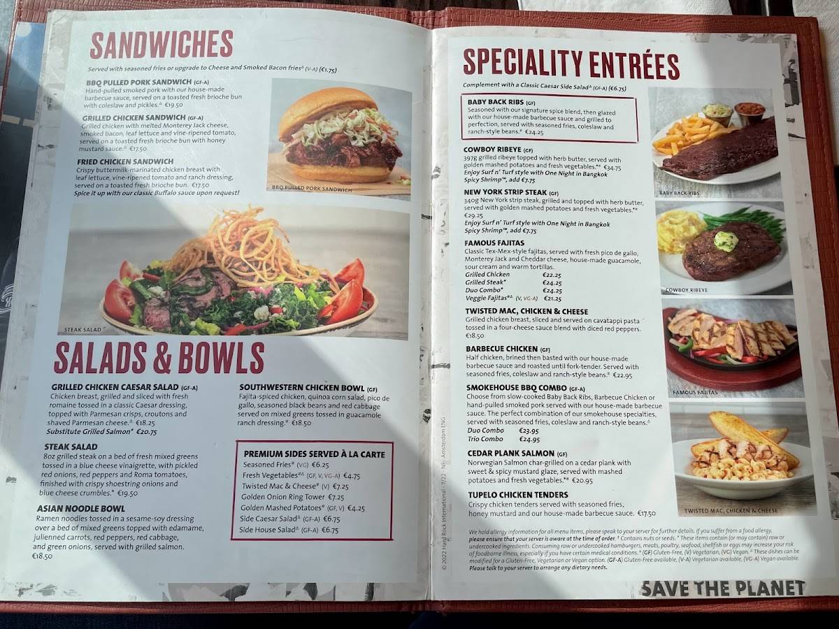 Menu au Hard Rock Cafe Amsterdam, Amsterdam