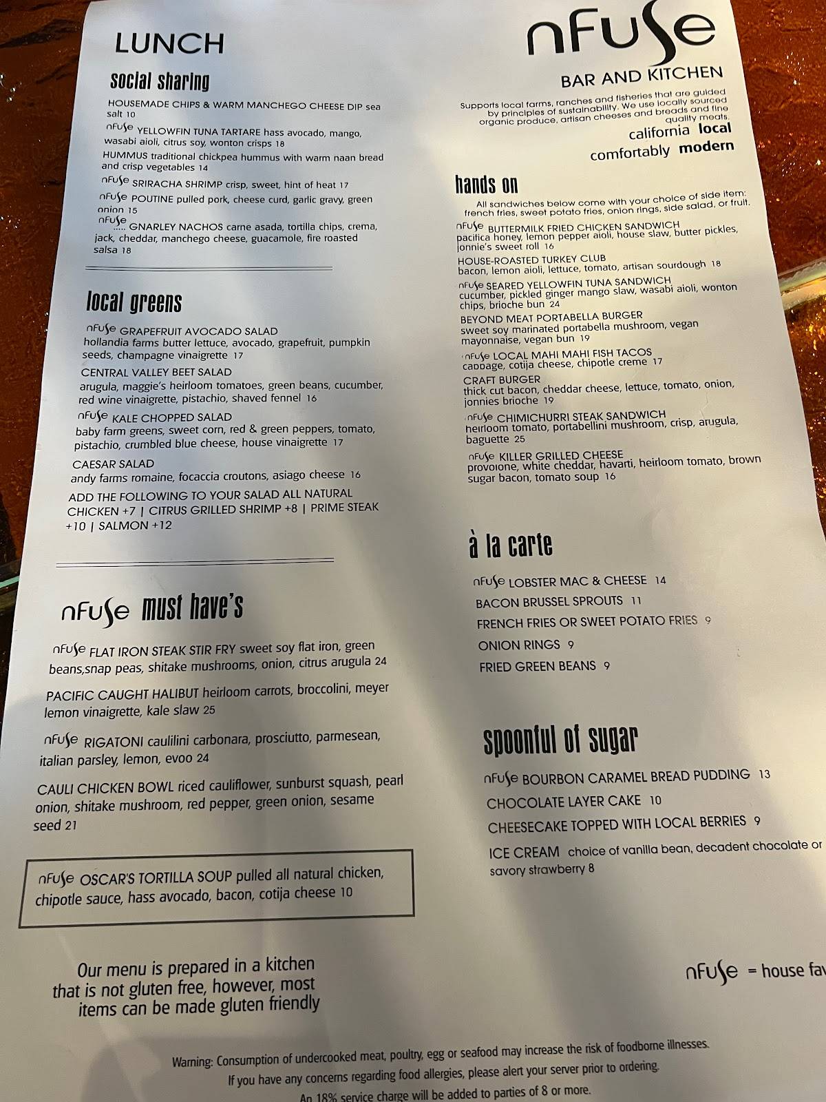 Menu at nFuse Restaurant, Bar & Lounge, Anaheim