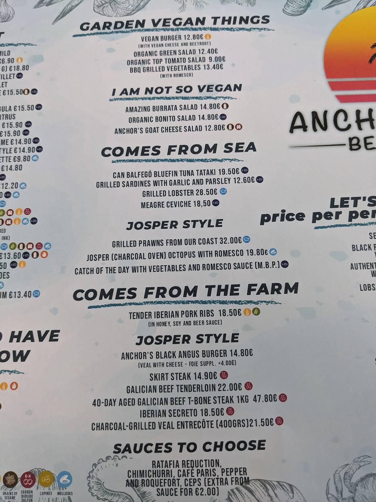 Carta de Anchor Point Beach Bar & Lounge Restaurant, Pineda de Mar