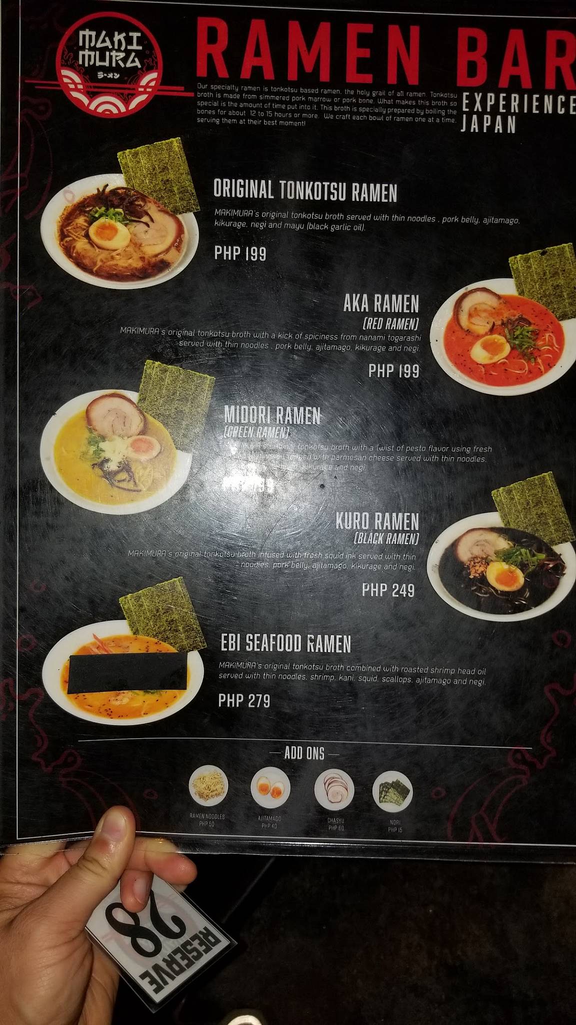 Menu at Makimura Ramen Bar, Angeles, Tinio Building