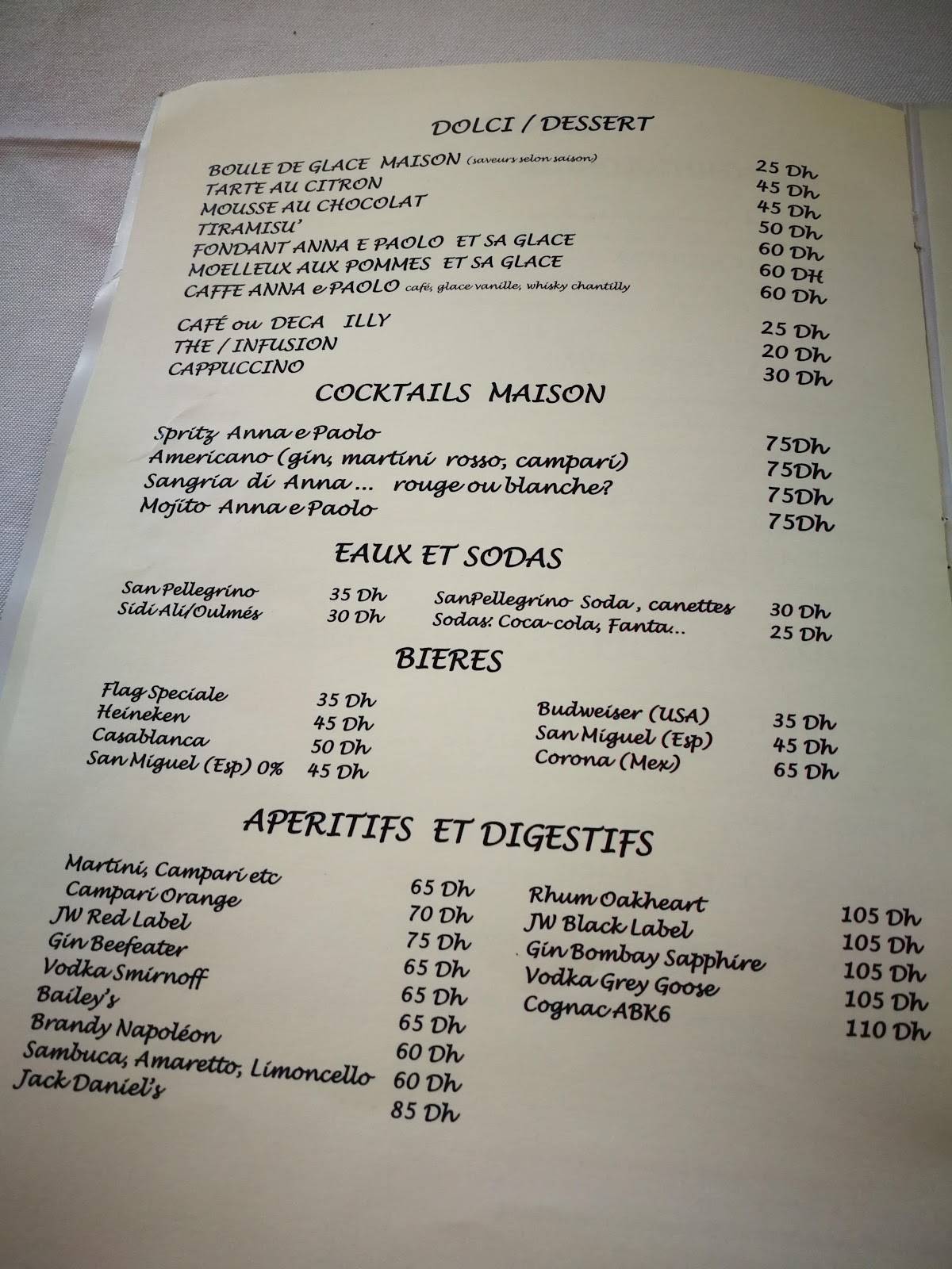 Carta del restaurante Anna e Paolo, Tánger