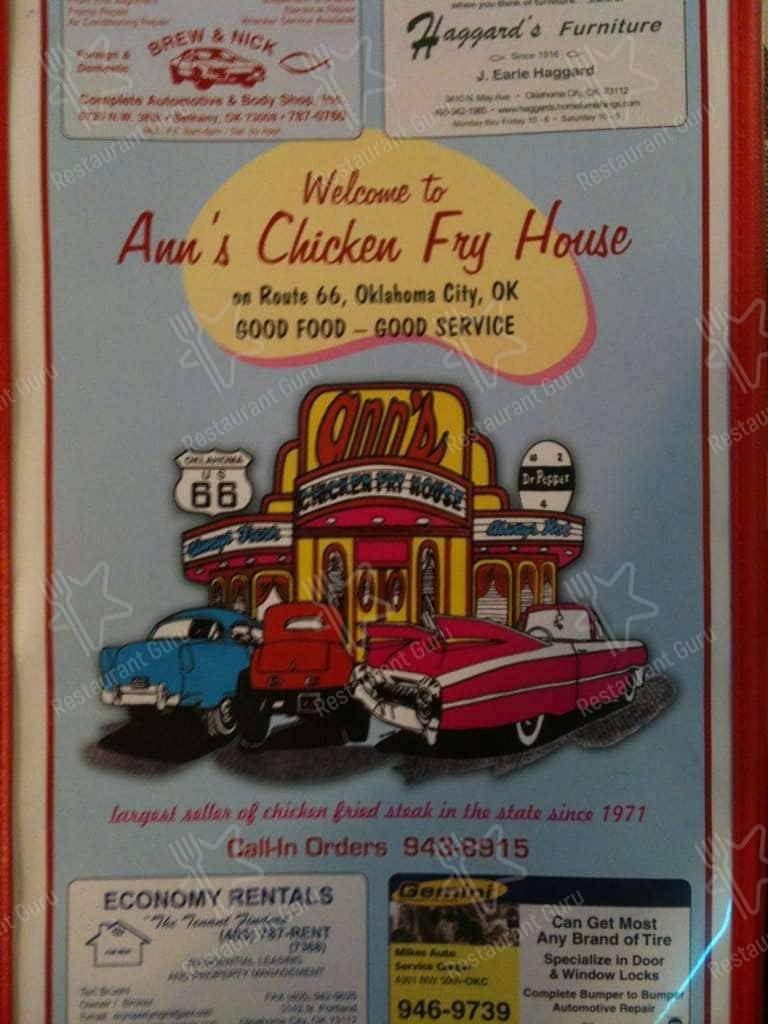 Menu at Ann's Chicken Fry House & Gift Shop restaurant, Oklahoma City