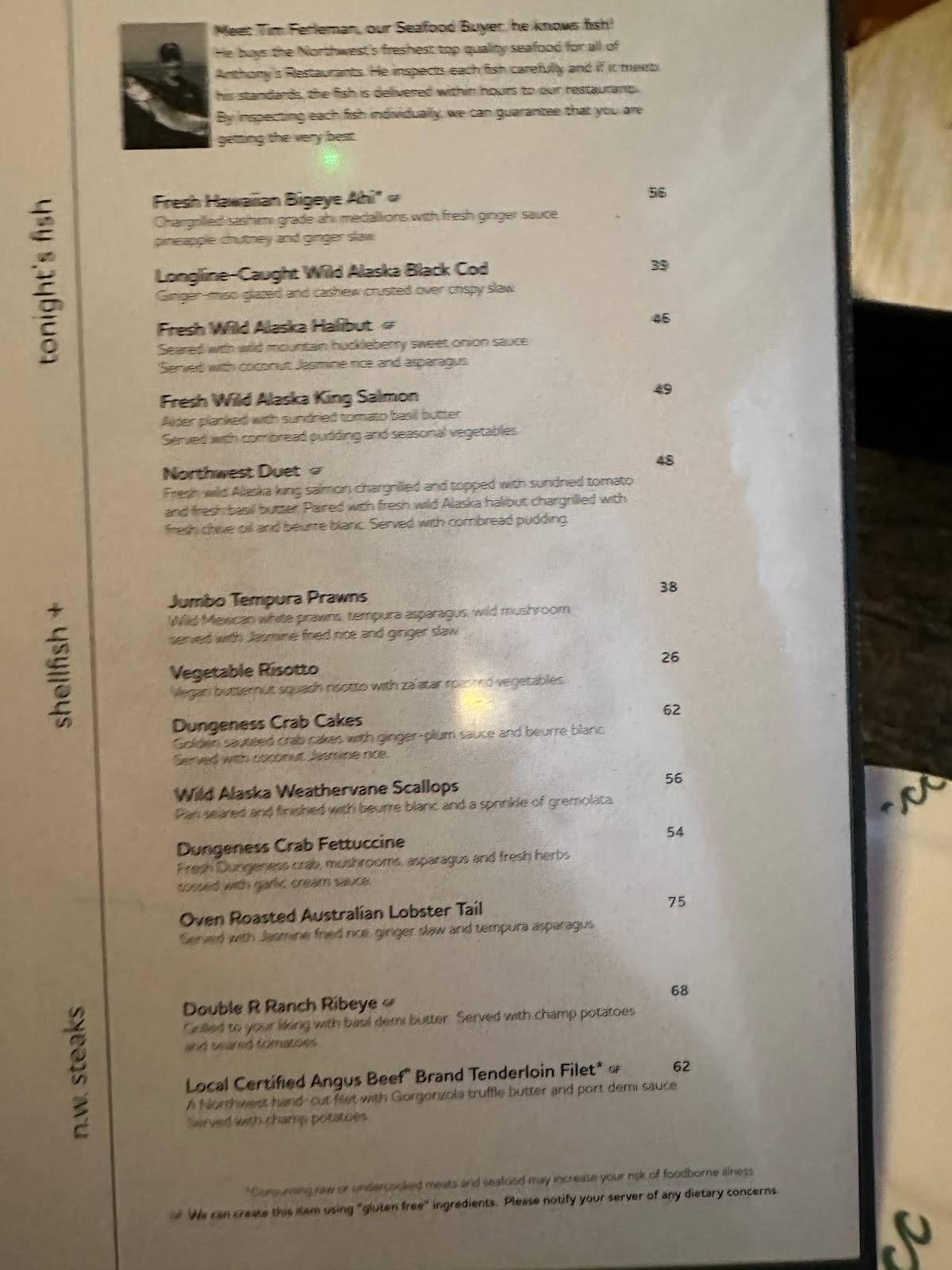 Menu at Anthony's Pier 66 & Bell Street Diner restaurant, Seattle