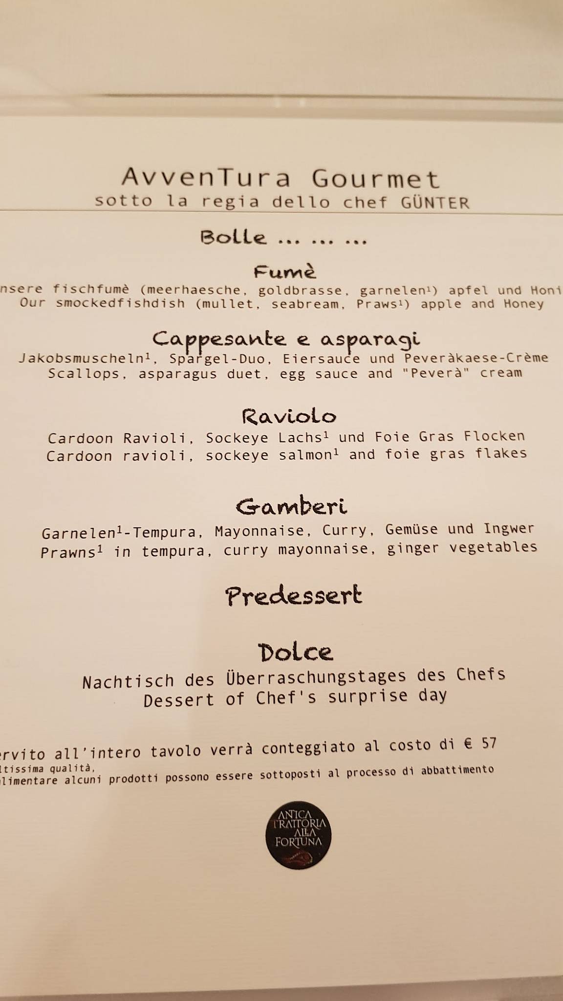 Speisekarte von Antica Trattoria Alla Fortuna restaurant, Grado, Via Marina