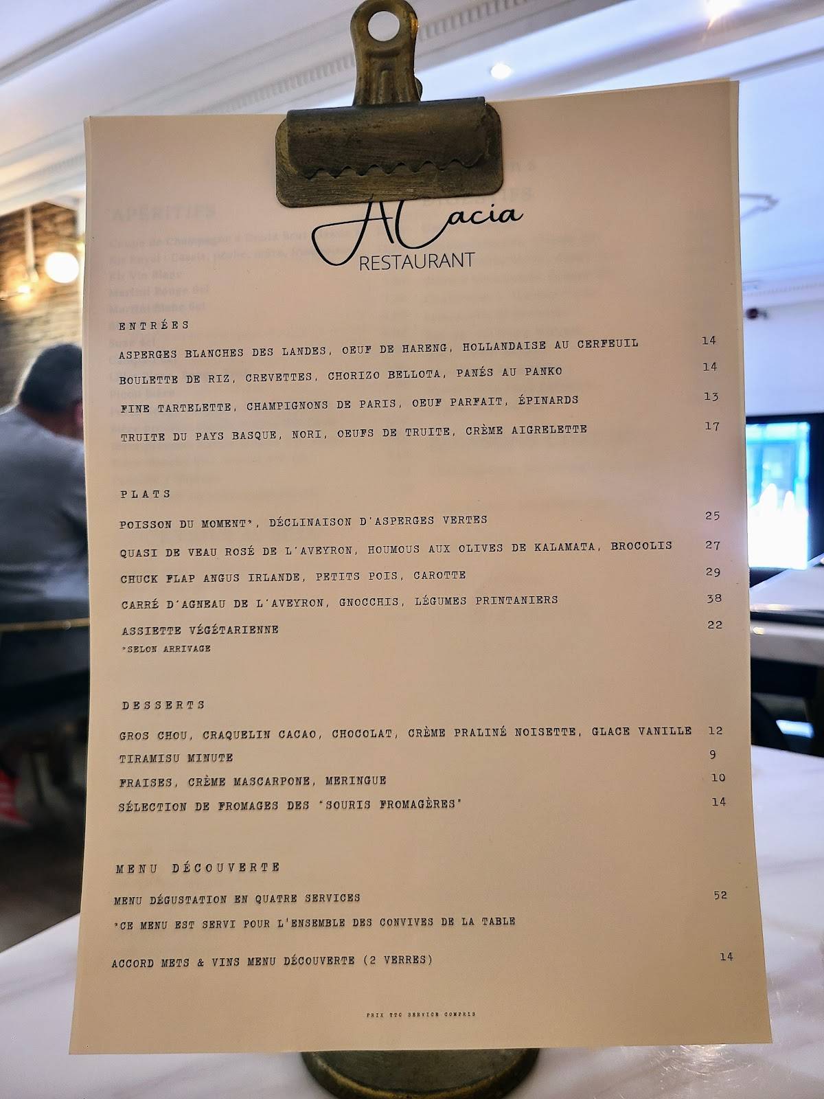 Menu at Acacia restaurant, Arcachon