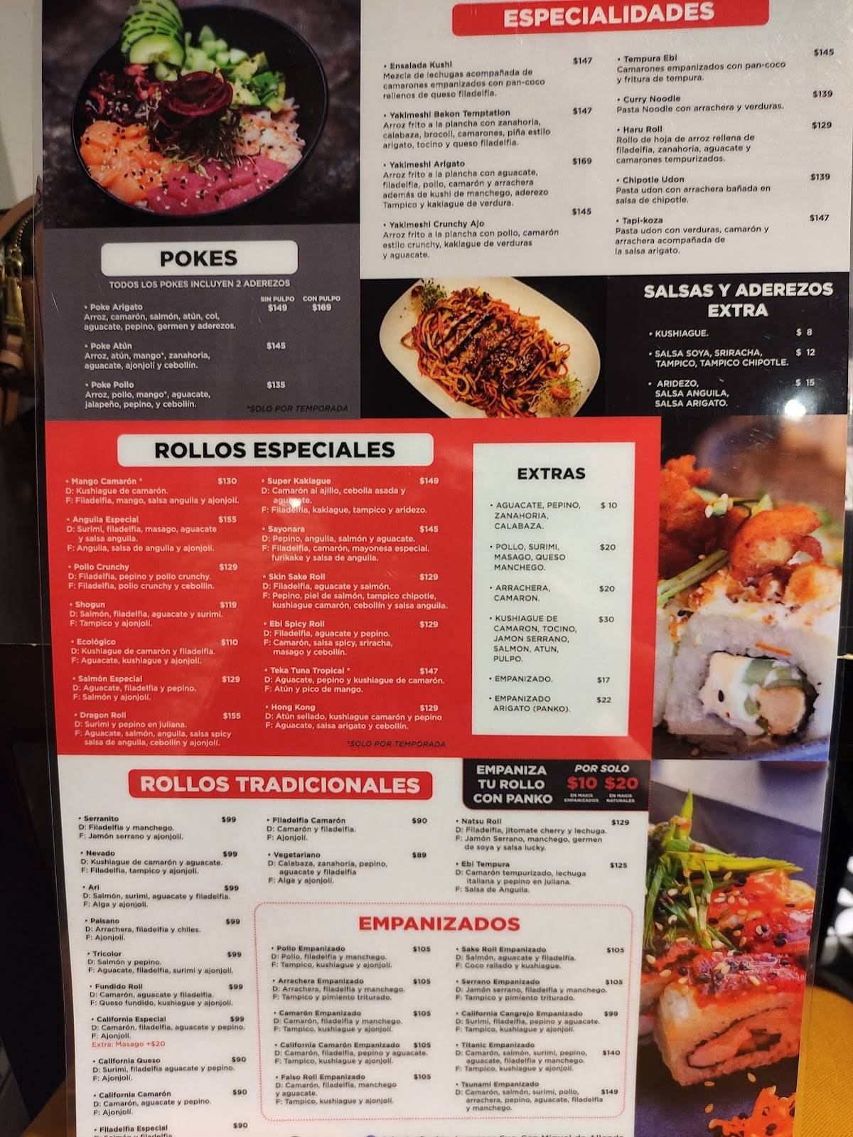 Carta del restaurante ARIGATO cocina japonesa, San Miguel del Allende