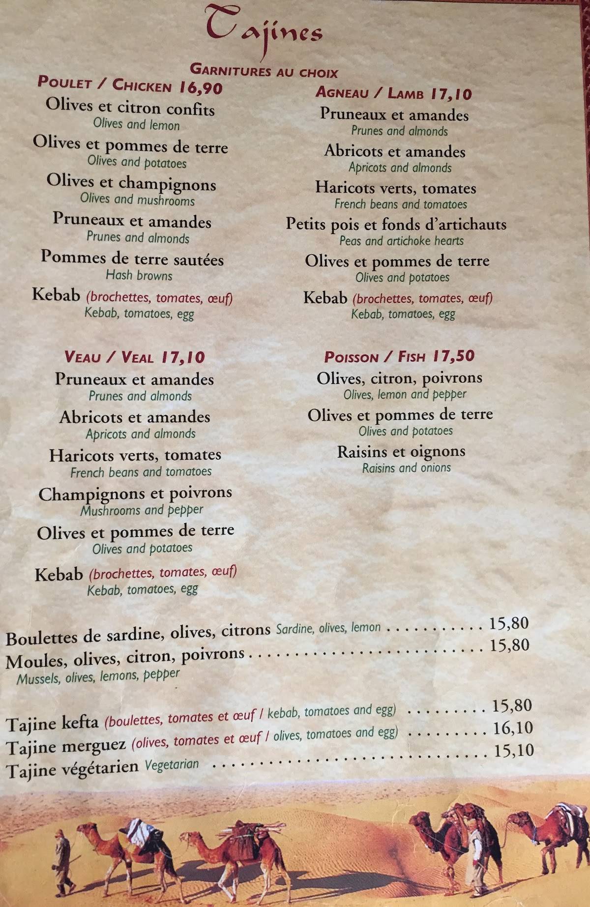 Carta del restaurante Au Soleil Du Maroc, Orsay