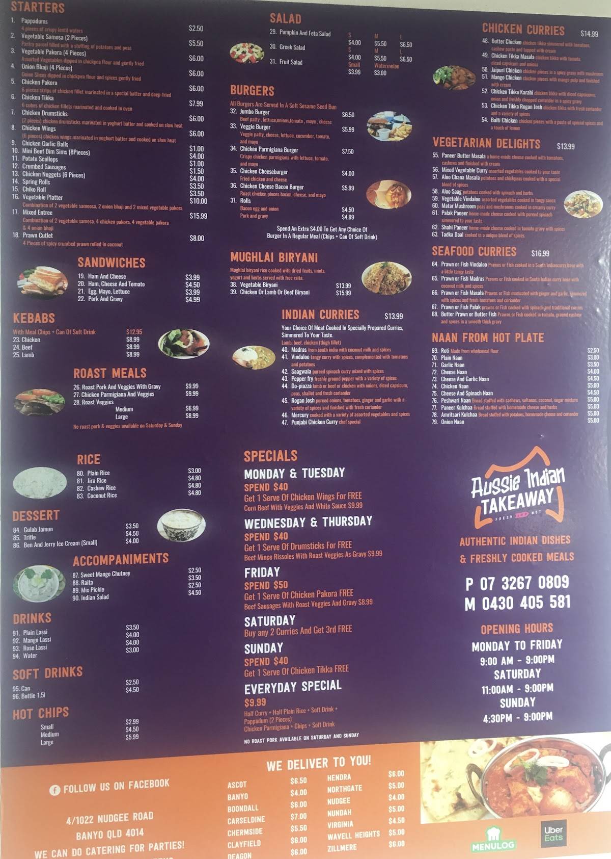 Menu at Aussie Indian Takeaway restaurant, Banyo