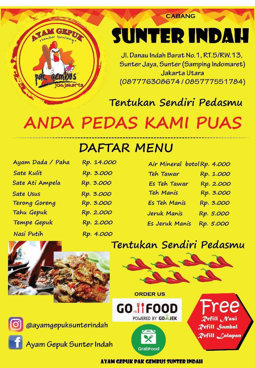 Menu at Ayam Gepuk Pak Gembus Sunter Indah restaurant, North Jakarta ...