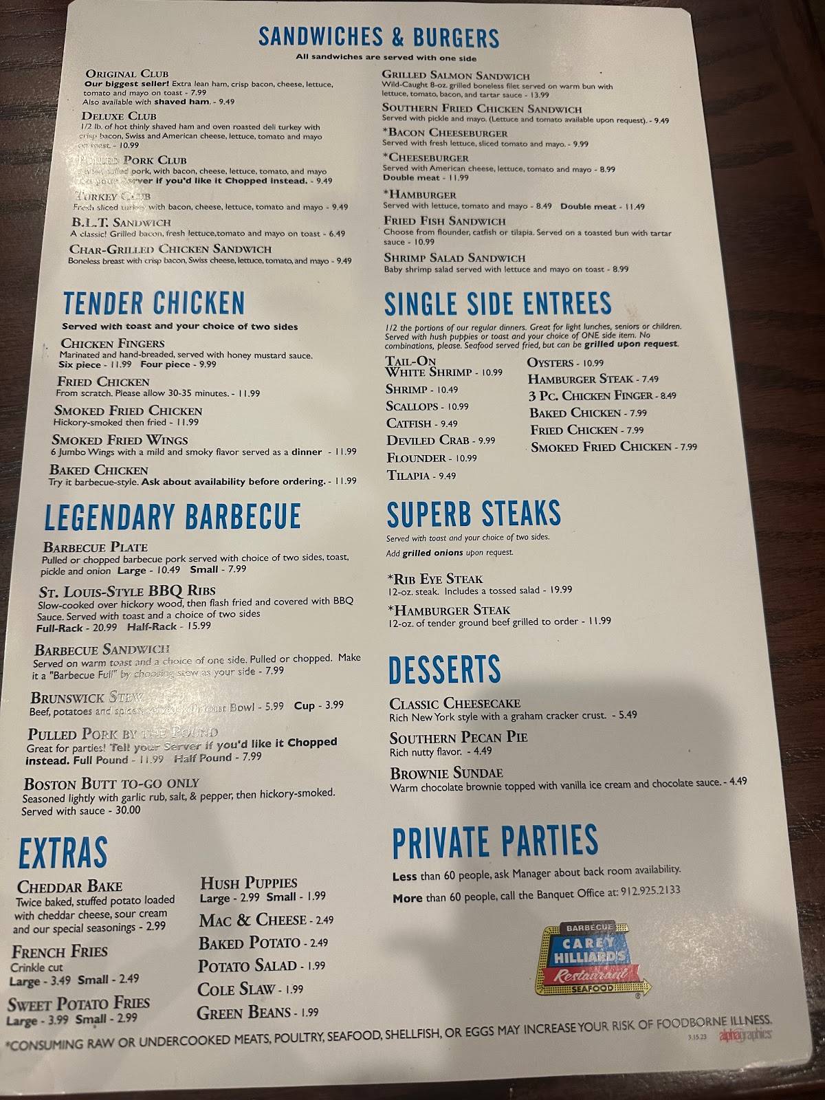 Menu at Carey Hilliard's Restaurant, Savannah, Skidaway Rd
