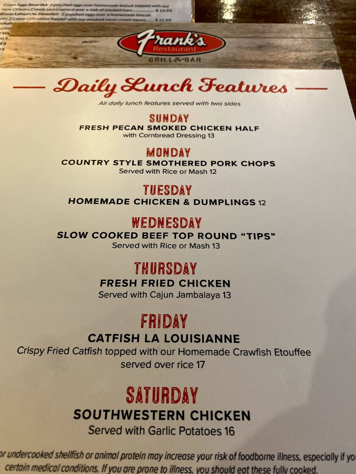Menu at Frank’s Restaurant Grill & Bar-Prairieville, Prairieville ...