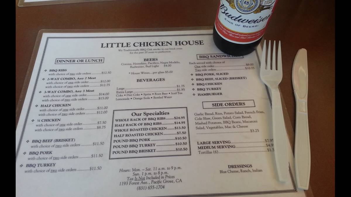 Menu at Little Chicken House BBQ, Pacific Grove
