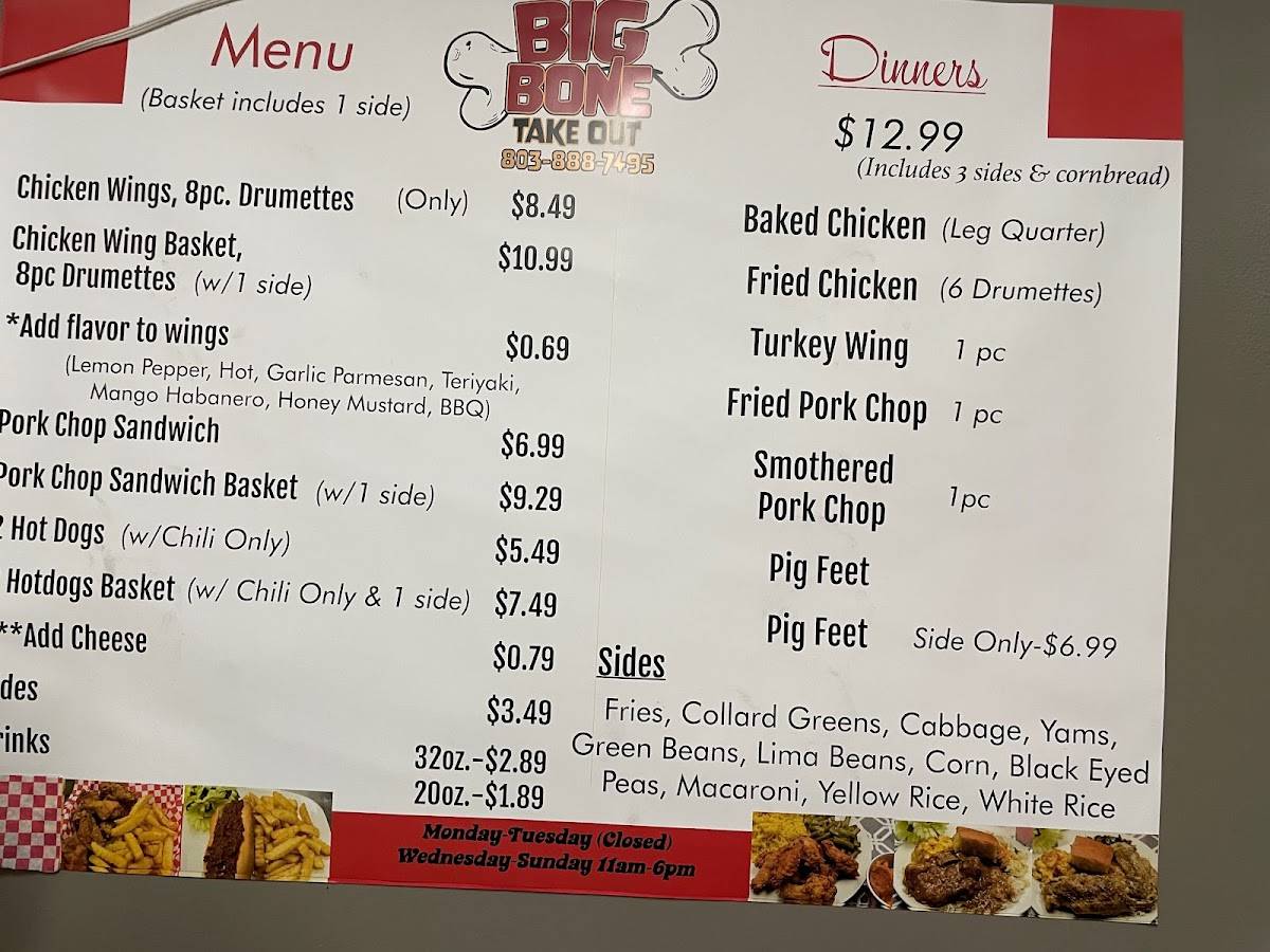 Menu at BIG BONE TAKE OUT restaurant, Columbia