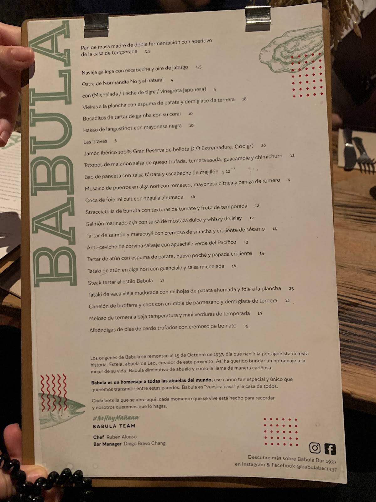 Menu at Babula Bar 1937, Barcelona