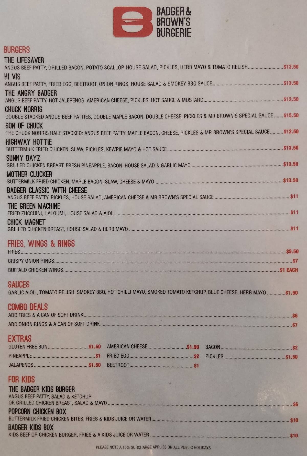 Menu at Badger & Brown's Burgerie fast food, Hervey Bay