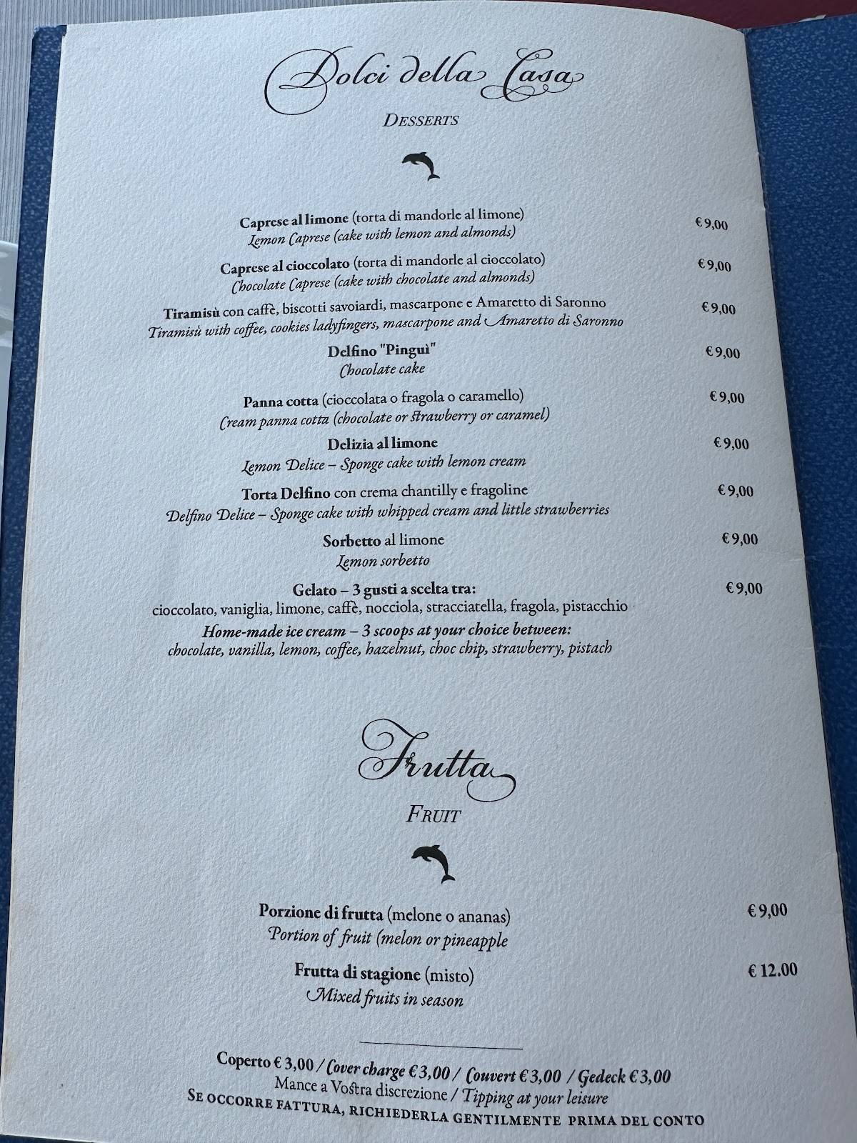 Menu at Bagni Delfino restaurant, Sorrento