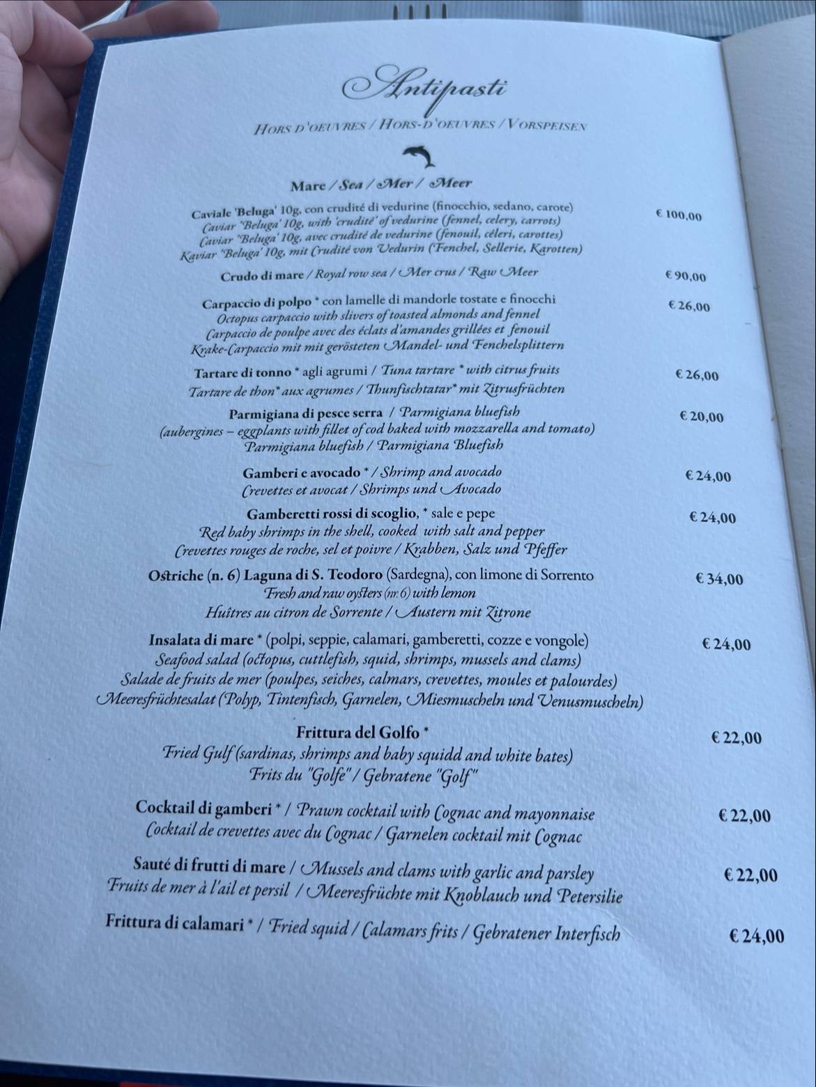 Menu at Bagni Delfino restaurant, Sorrento