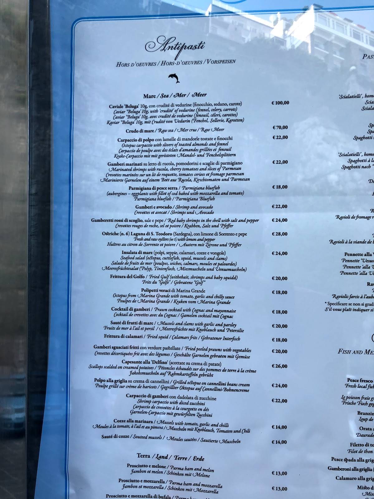 Menu at Bagni Delfino restaurant, Sorrento