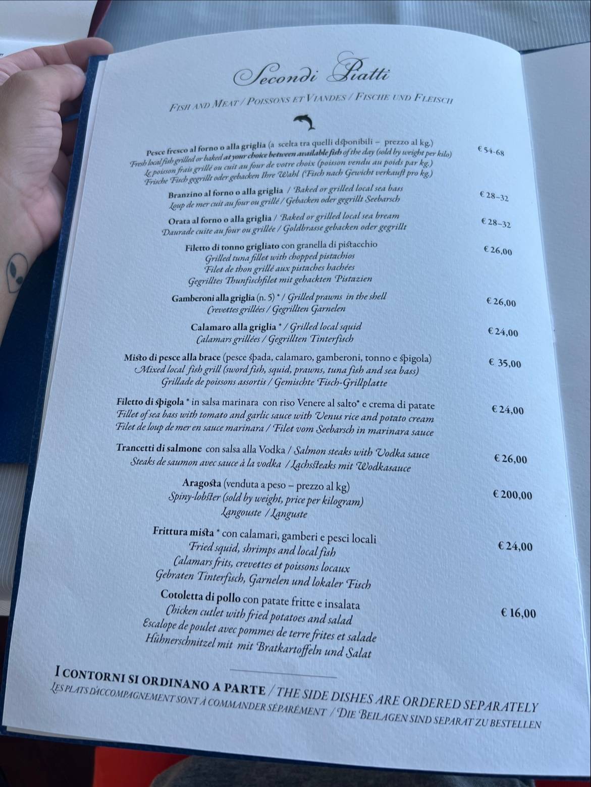 Menu at Bagni Delfino restaurant, Sorrento