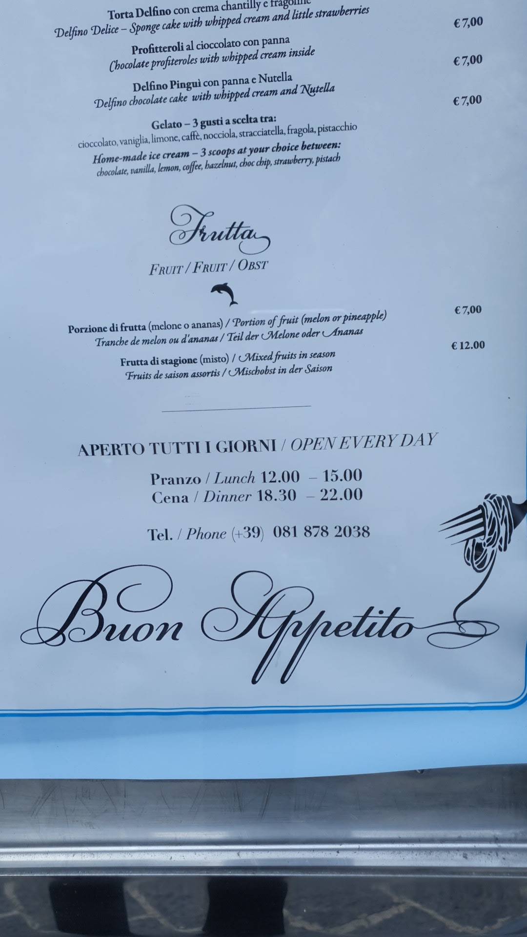 Menu at Bagni Delfino restaurant, Sorrento