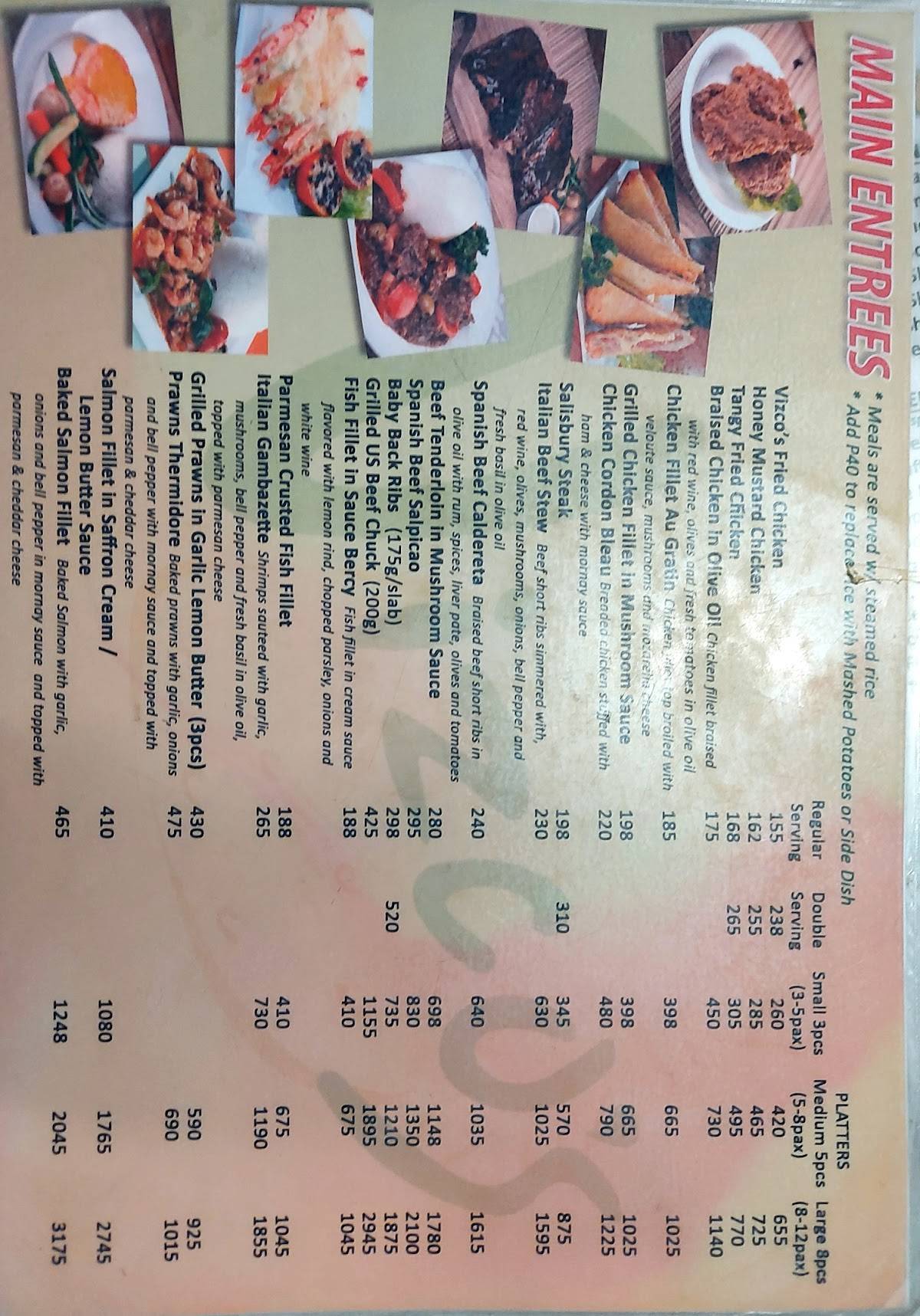Menu at Vizco's Restaurant & Cake Shop, Baguio