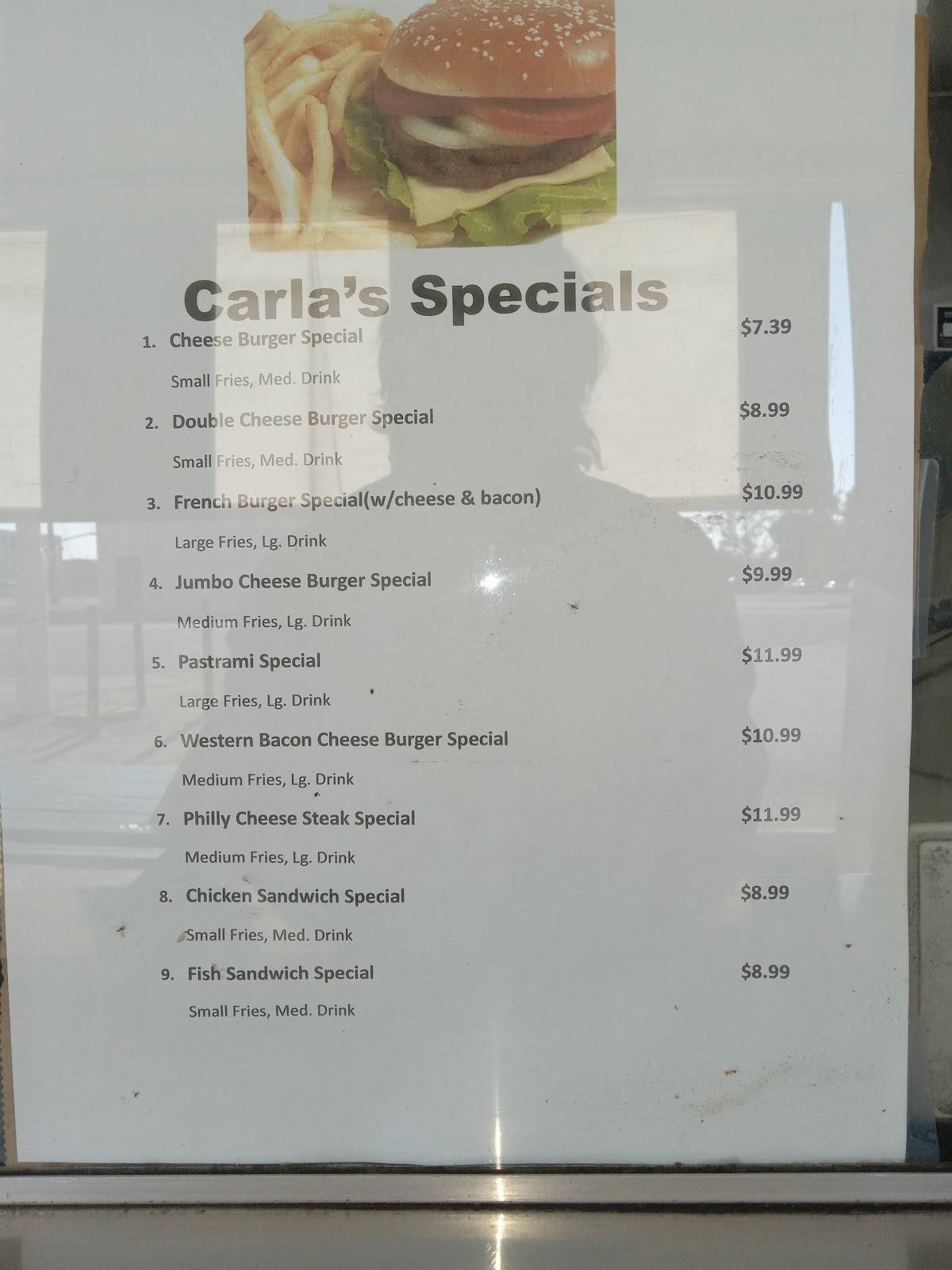 Menu at Carla's Drive In restaurant, Bakersfield, N Chester Ave