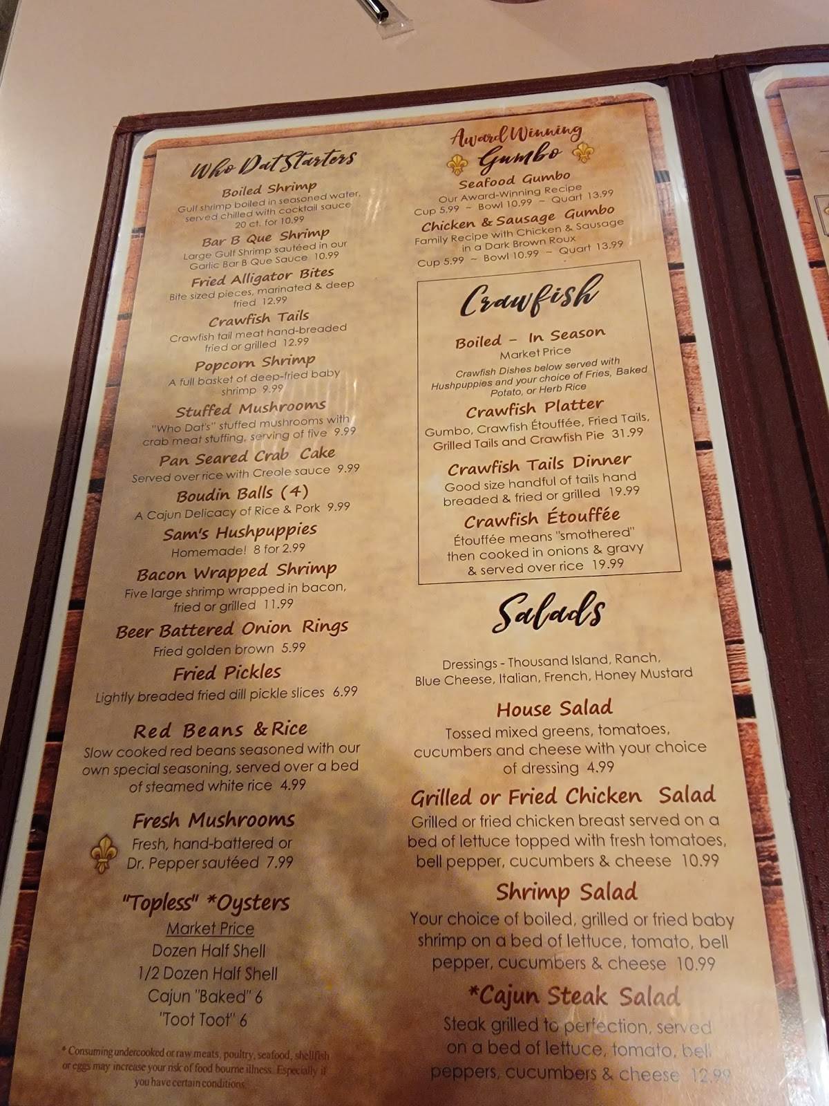 Menu at Who Dat's Cajun Restaurant, Bald Knob