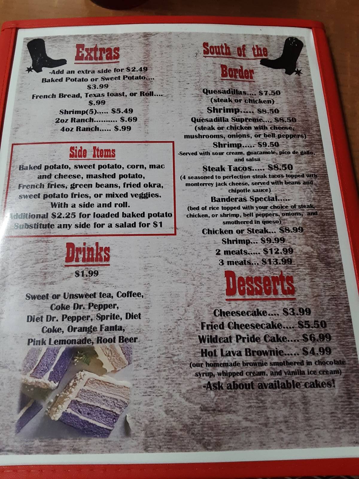 Menu at Banderas steakhouse, El Dorado, 200 W 10th St