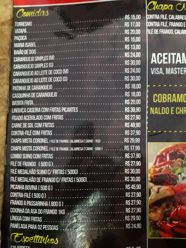 Menu em Bar O Coronel, Teresina