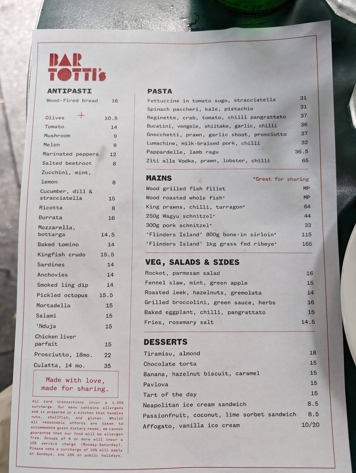 Menu at Bar Totti's, Sydney