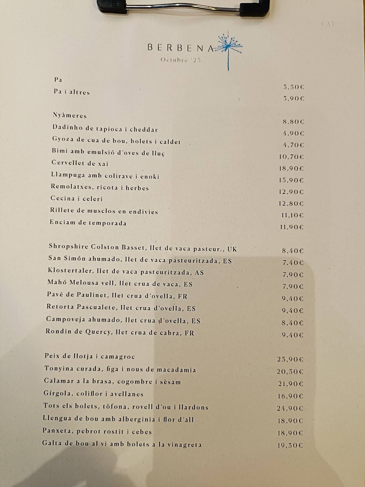 Menu at Berbena restaurant, Barcelona