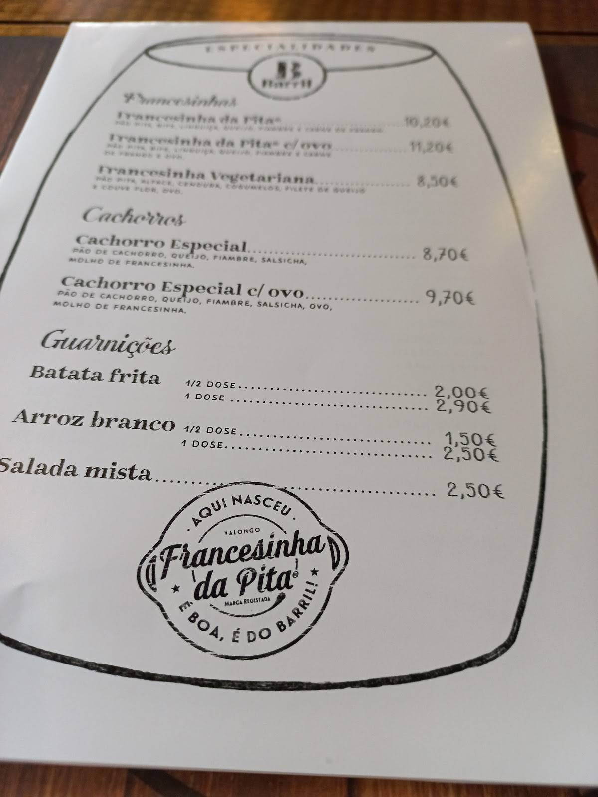 Menu em Barril Avenida (francesinha da Pita), Valongo, Av. 5 de Outubro 43