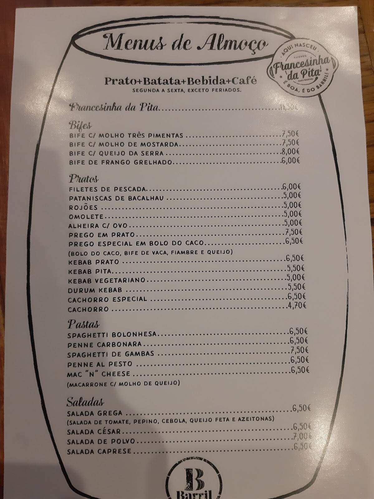 Menu em Barril Avenida (francesinha da Pita), Valongo, Av. 5 de Outubro 43