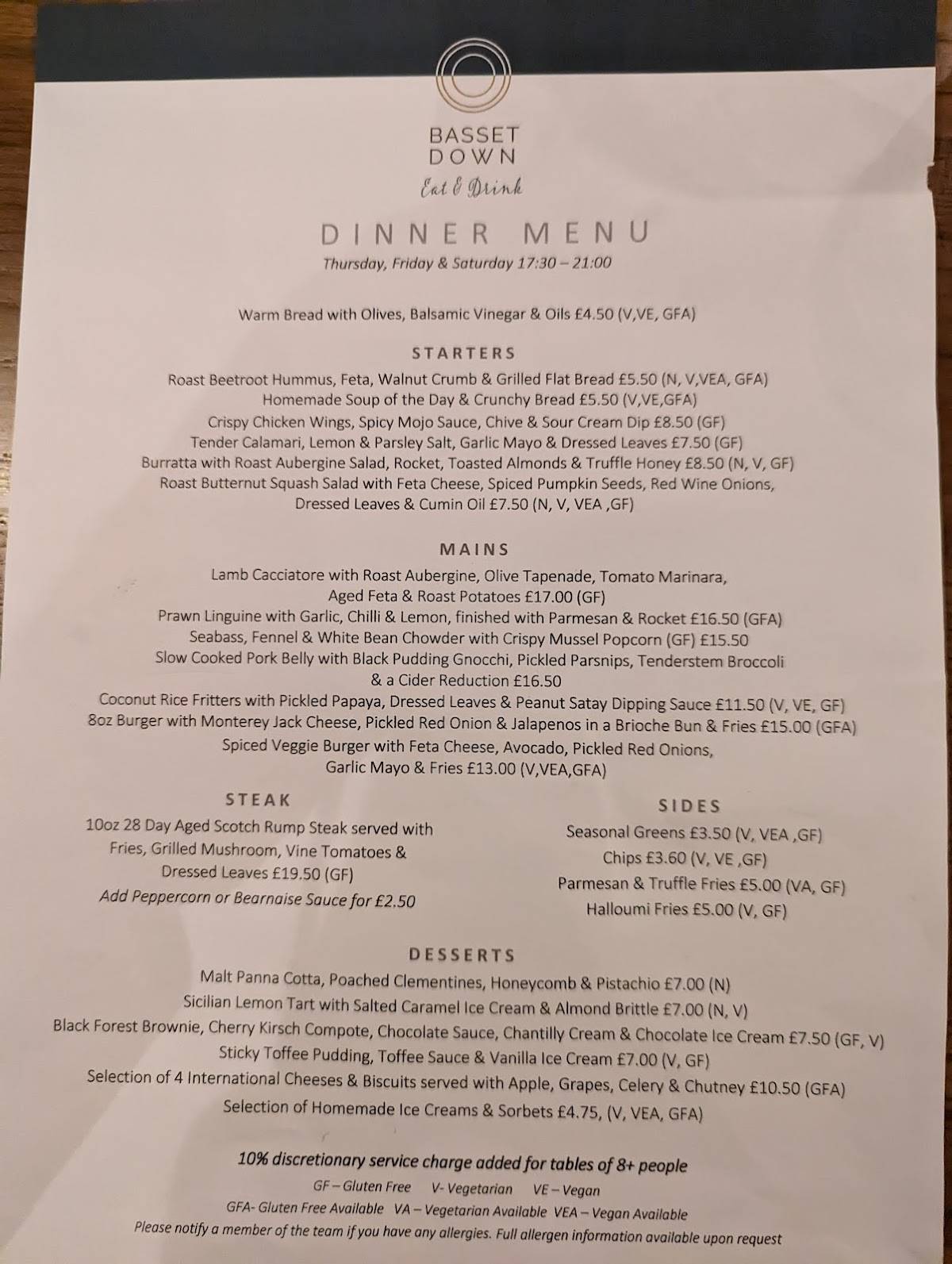 Menu at Basset Down Complex club, Swindon