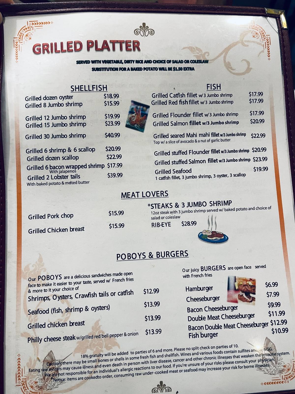 Menu at Bayside Seafood restaurant, Port Lavaca