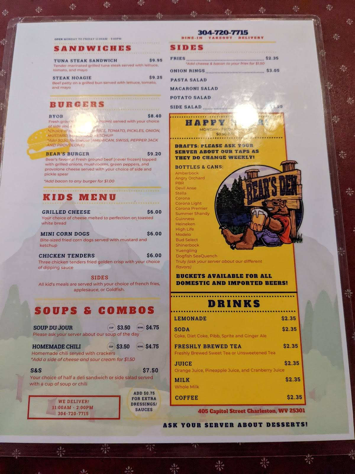 Menu at Bear's Den pub & bar, Charleston