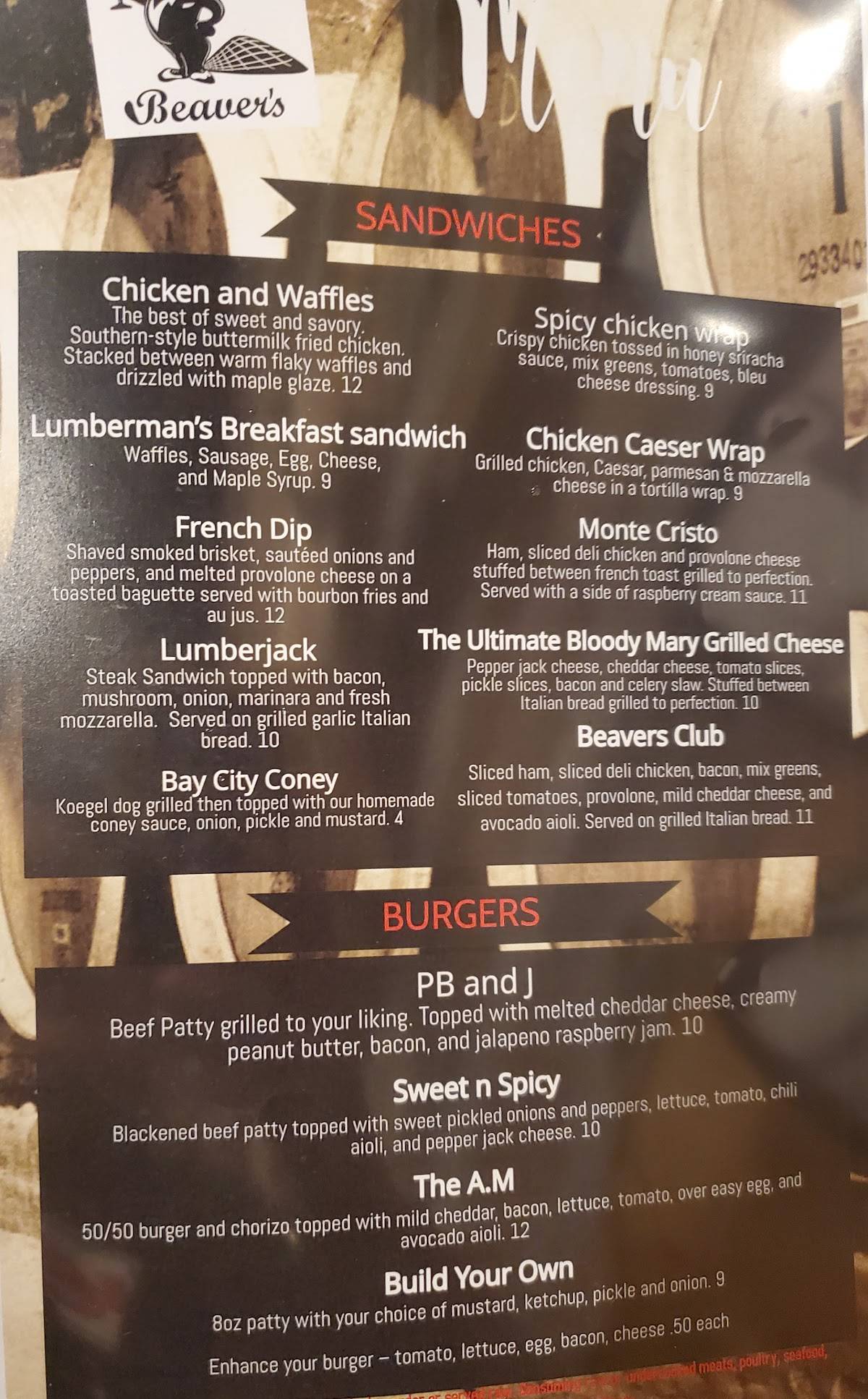 Menu at Beaver's Pub, Bay City