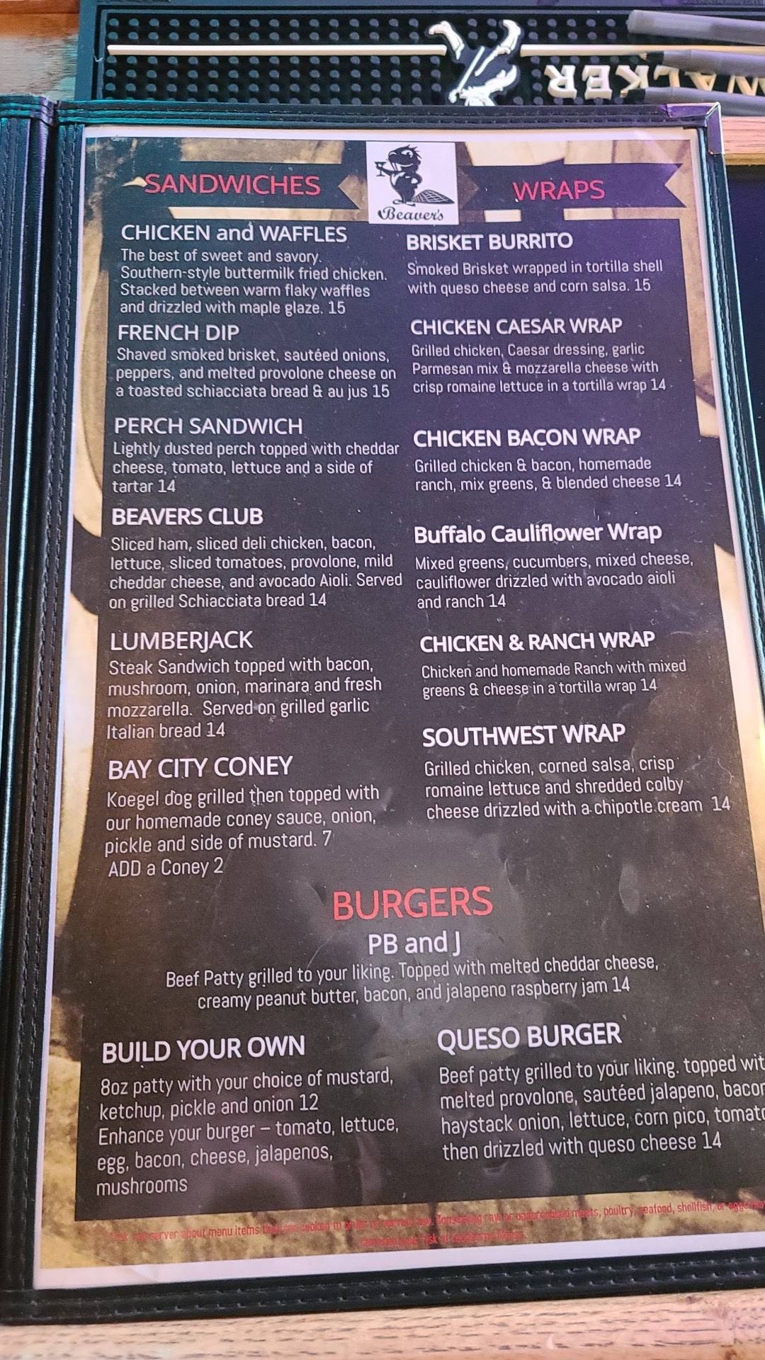 Menu at Beaver's Pub, Bay City