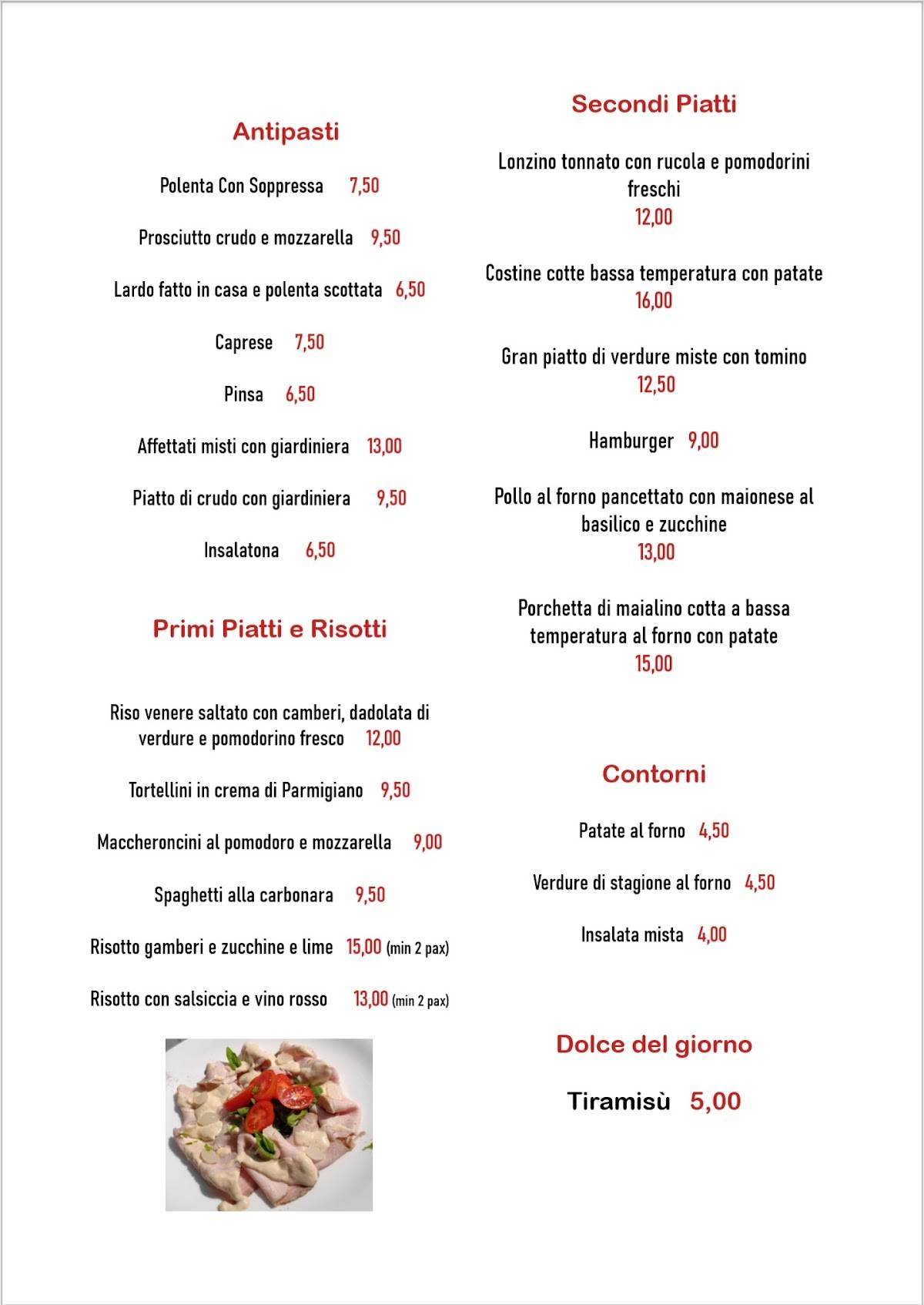 Menu at Bel Caffè Verona restaurant, Verona