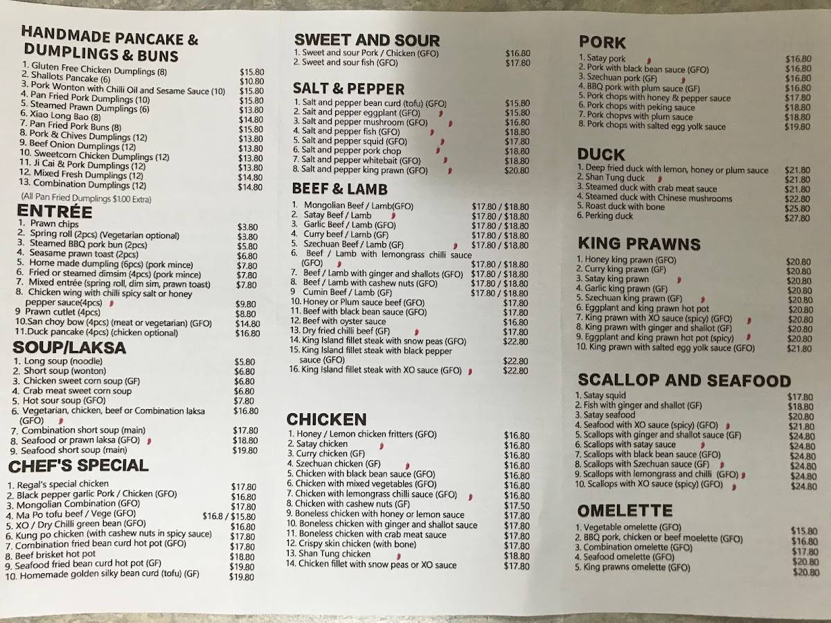 Menu at Regal Restaurant, Belconnen