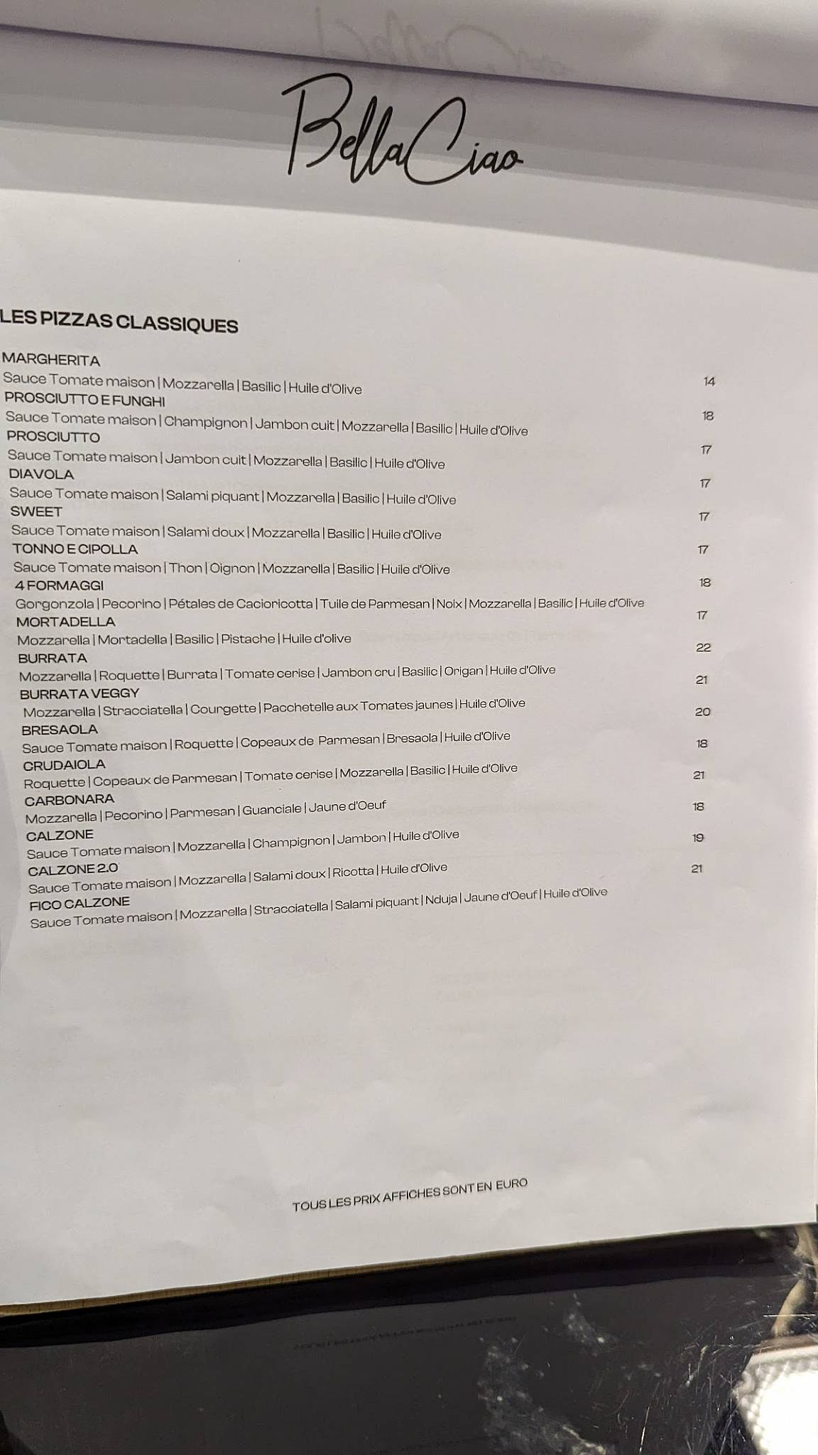 Menu at Bella Ciao City restaurant, Luxembourg City