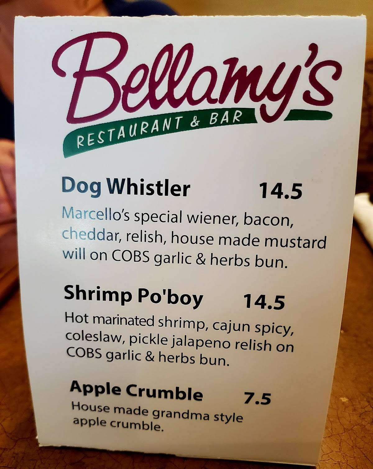 Menu at Bellamy's Restaurant & Bar, Winnipeg
