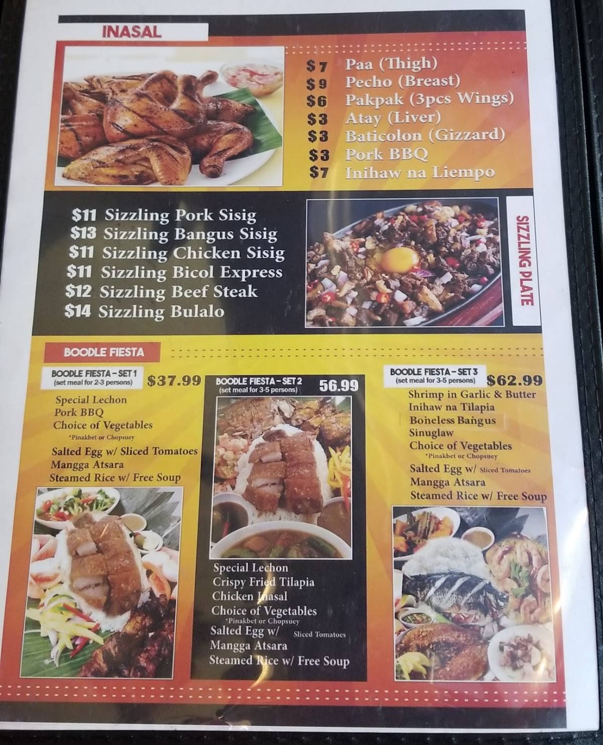 Menu at Bella's Inasal restaurant, Mississauga