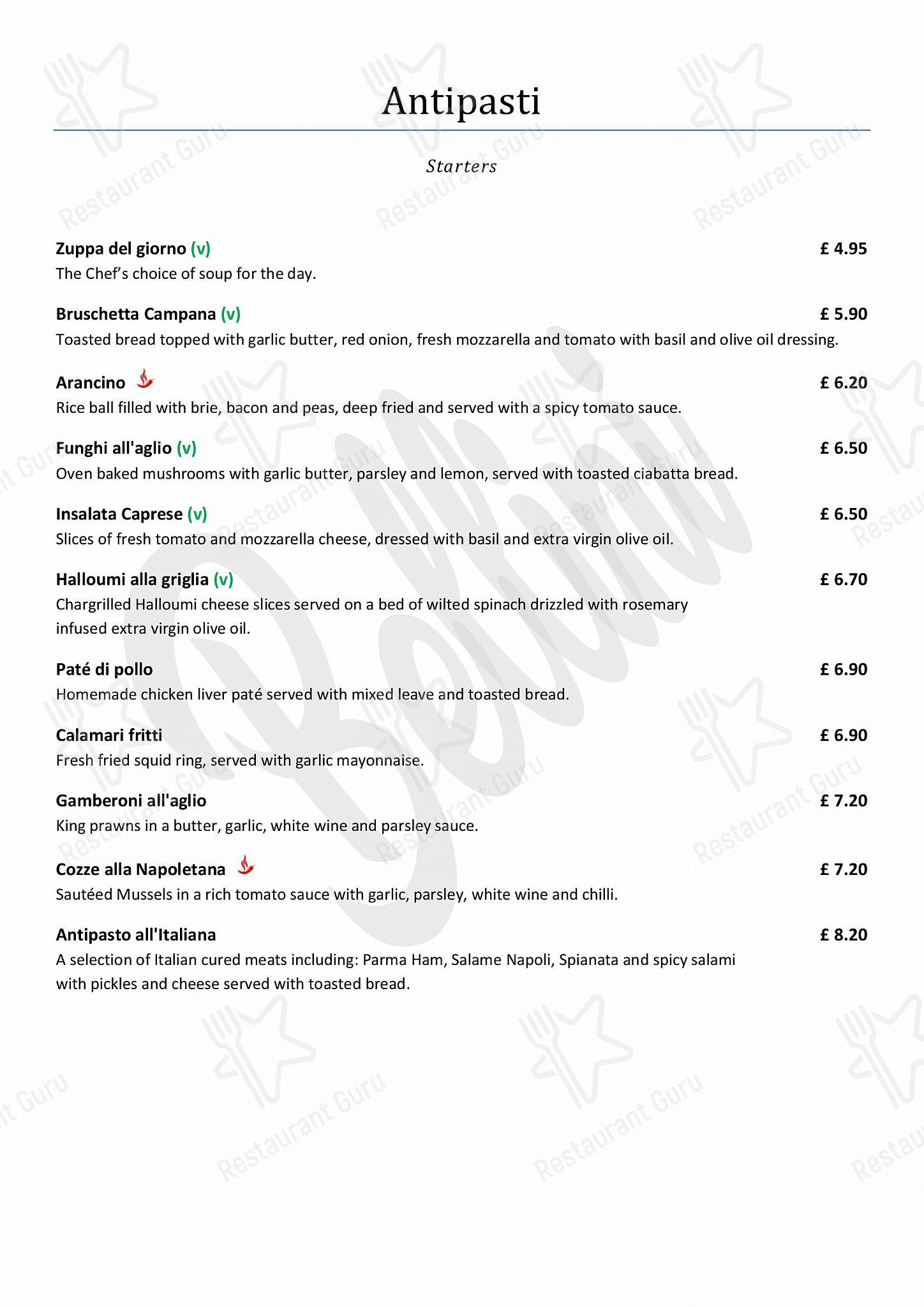 Menu at Ristorante Bellini restaurant, Melton Mowbray