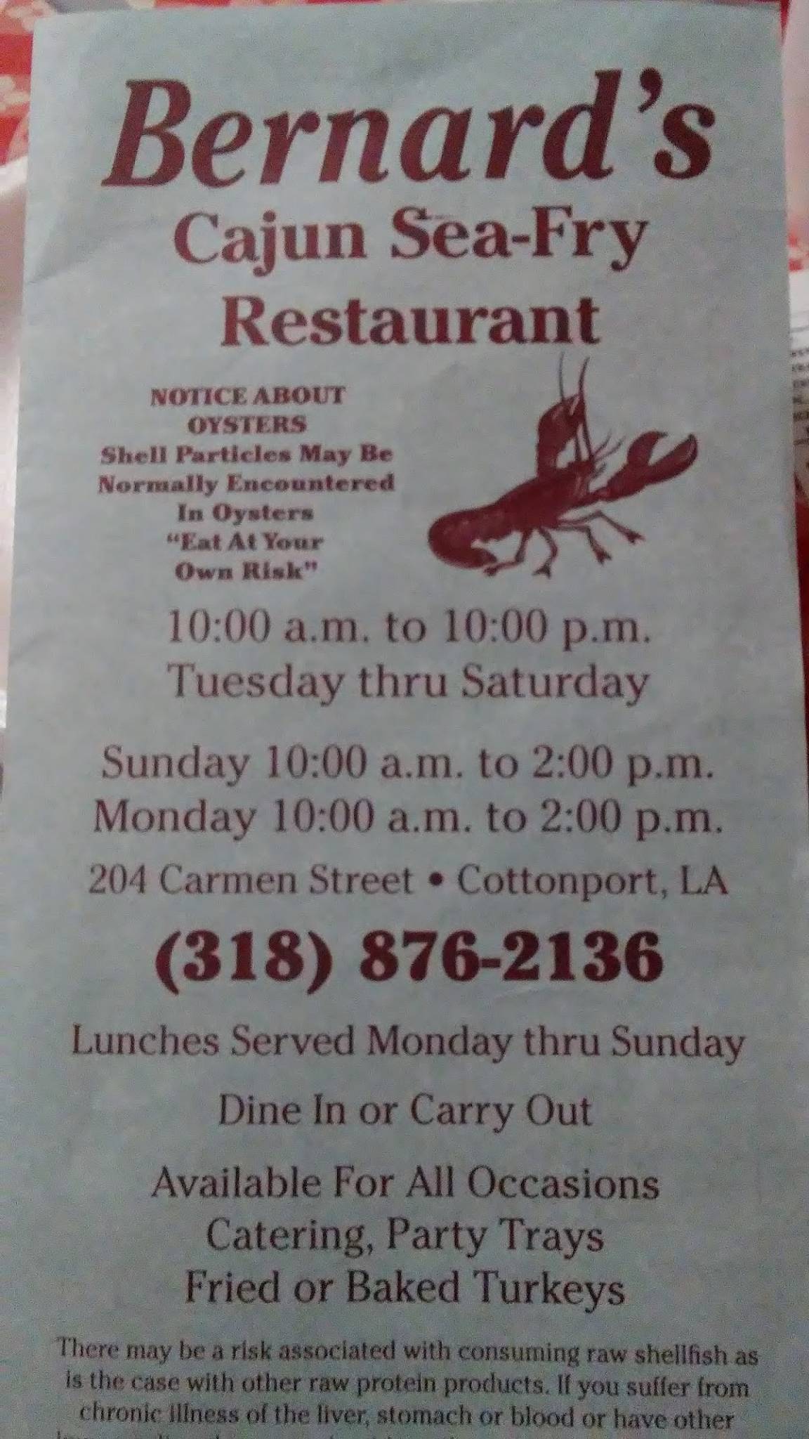 Menu at Bernard's Cajun Sea-Fry Restaurant, Cottonport