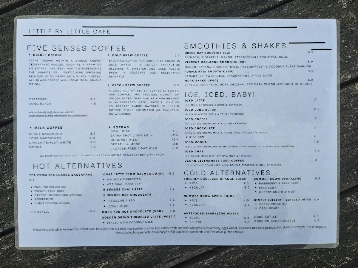 Menu at Little by Little Cafe, Berwick