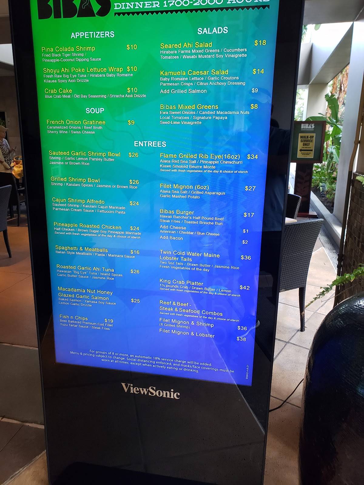 Menu at Bibas Courtyard Grill restaurant, Honolulu